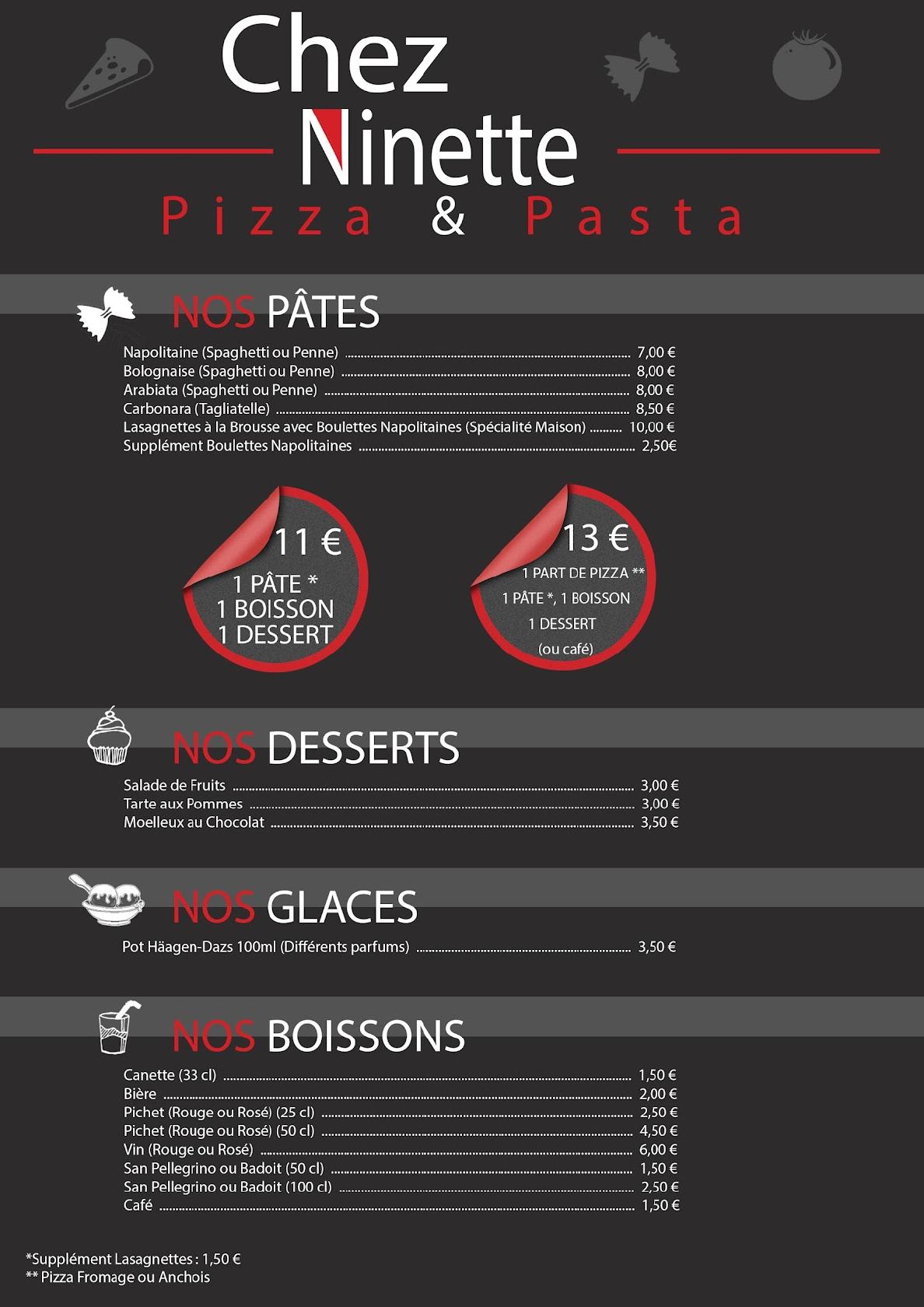Menu au Chez Ninette pizzeria, Marseille