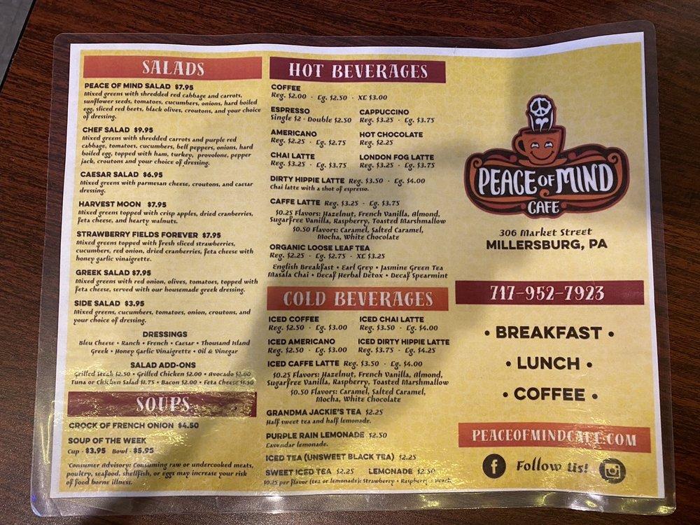 Menu at Peace of Mind Cafe, Millersburg