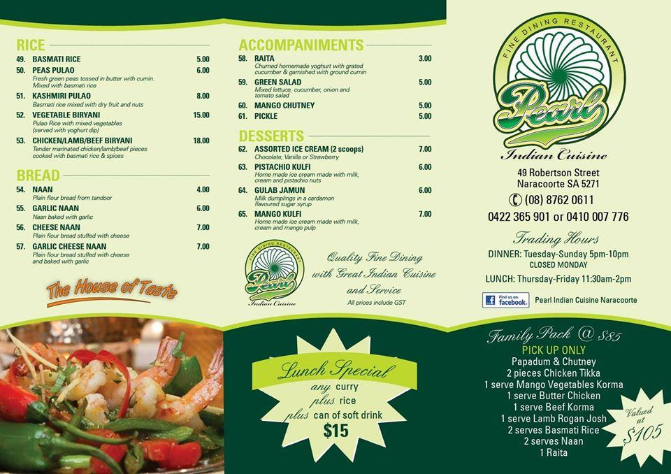 Menu at Pearl continental Australia restaurant, Naracoorte