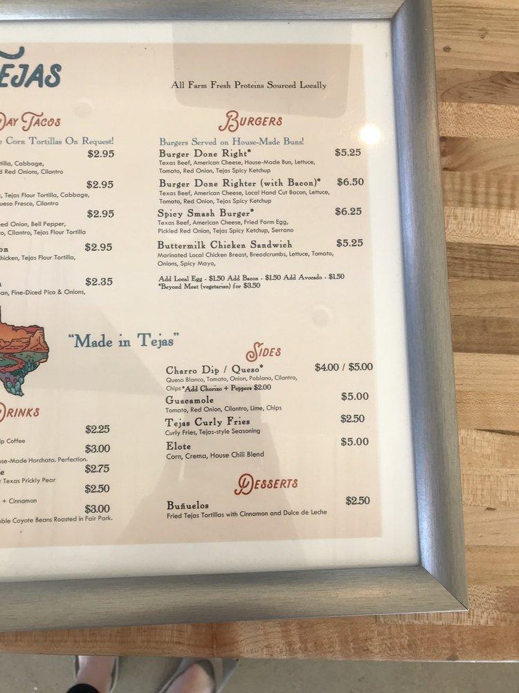 Carta del restaurante Tejas, Dallas