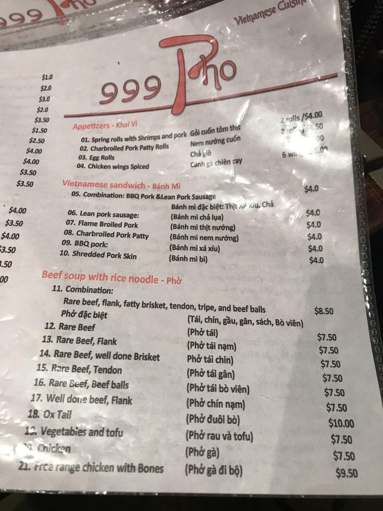 Menu at 999 Phở restaurant, Reno, Kietzke Ln