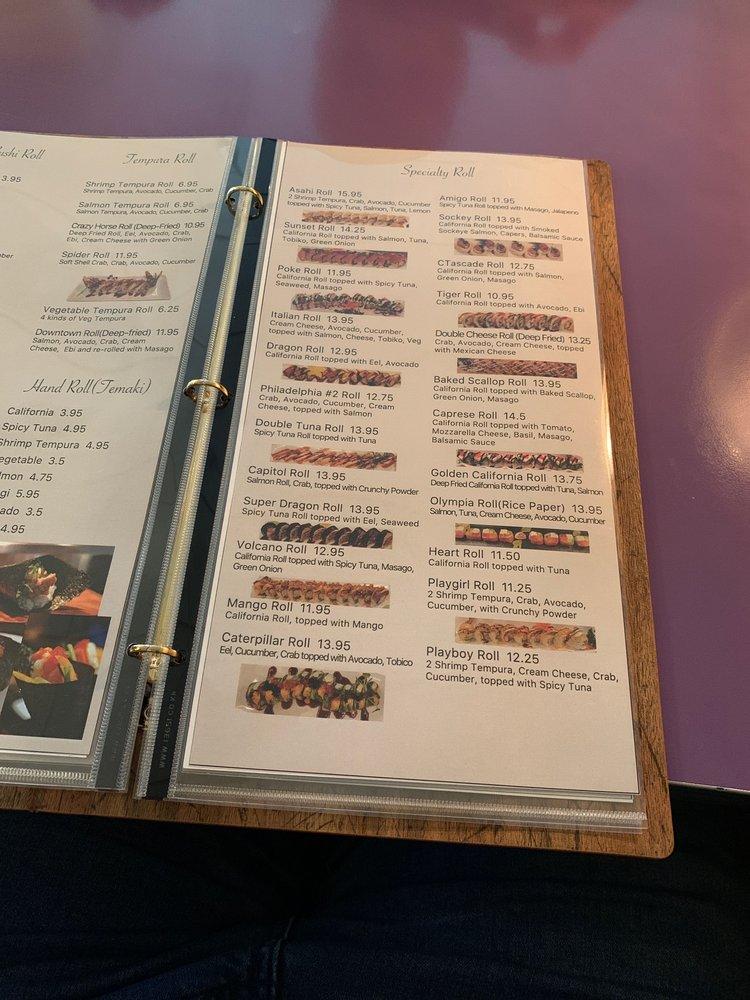 Menu at Asahi Sushi restaurant, Olympia