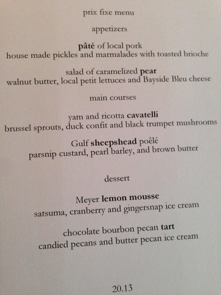 Menu at August restaurant, New Orleans