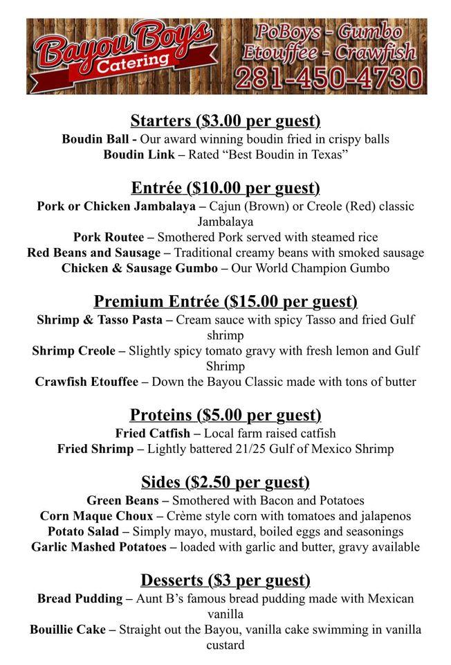 Menu at Bayou Boys PoBoys restaurant, Needville