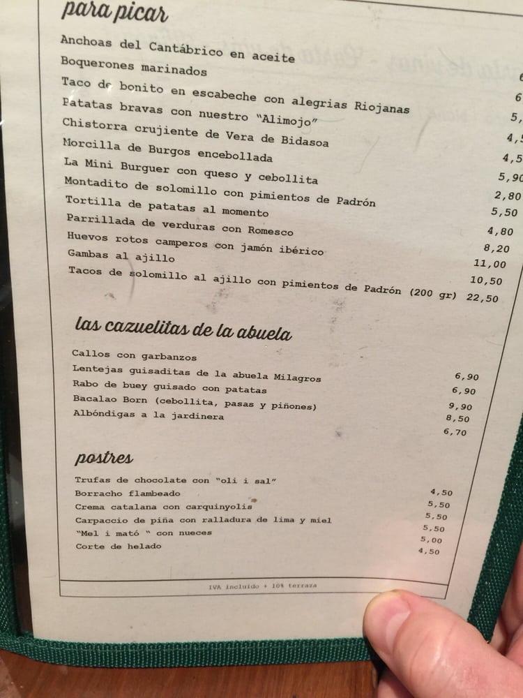 Menu at El Rosal de la Taverna pub & bar, Barcelona