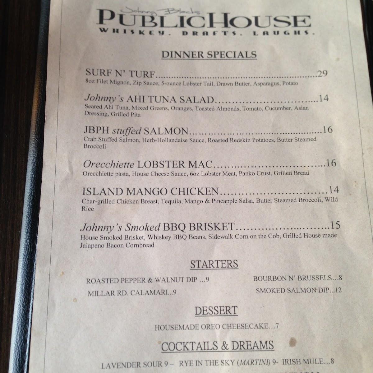 Menu at Johnny Blacks Public House, Sterling Heights