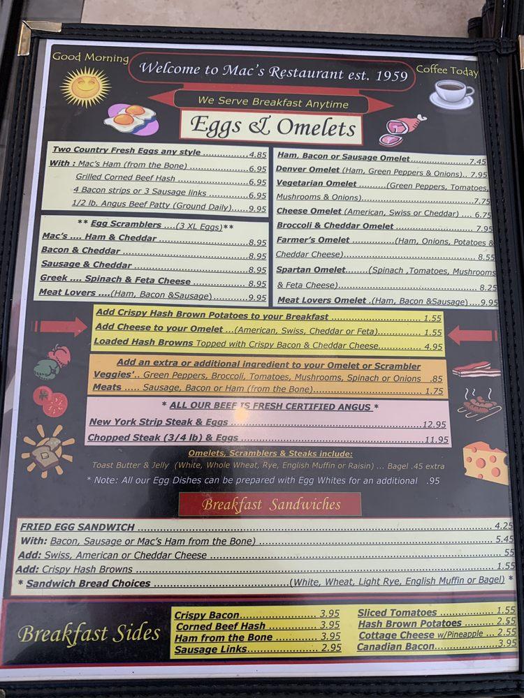 Menu at Mac's Restaurant, Park Ridge