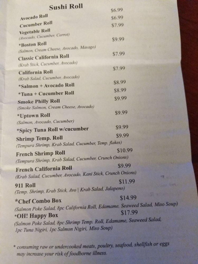 Menu at OhSushi restaurant, Richland
