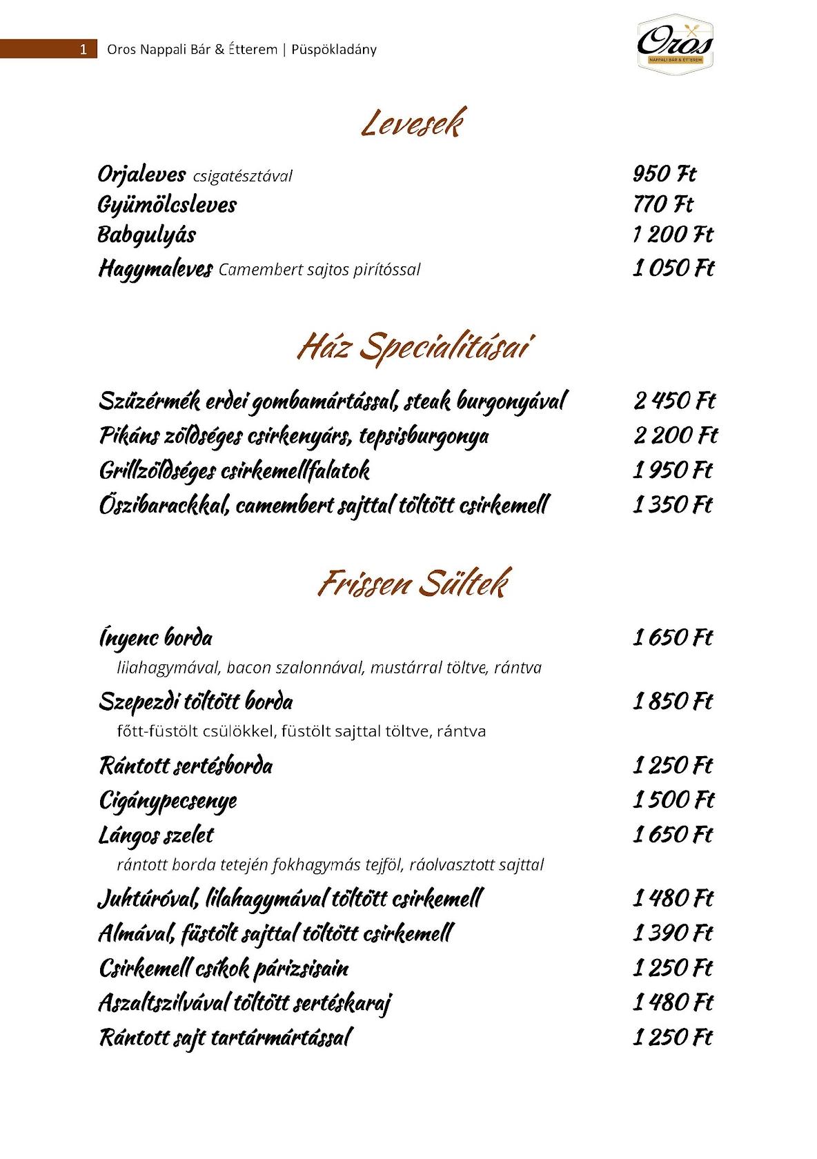 Menu at Oros Nappali Bár és Étterem restaurant, Püspökladány