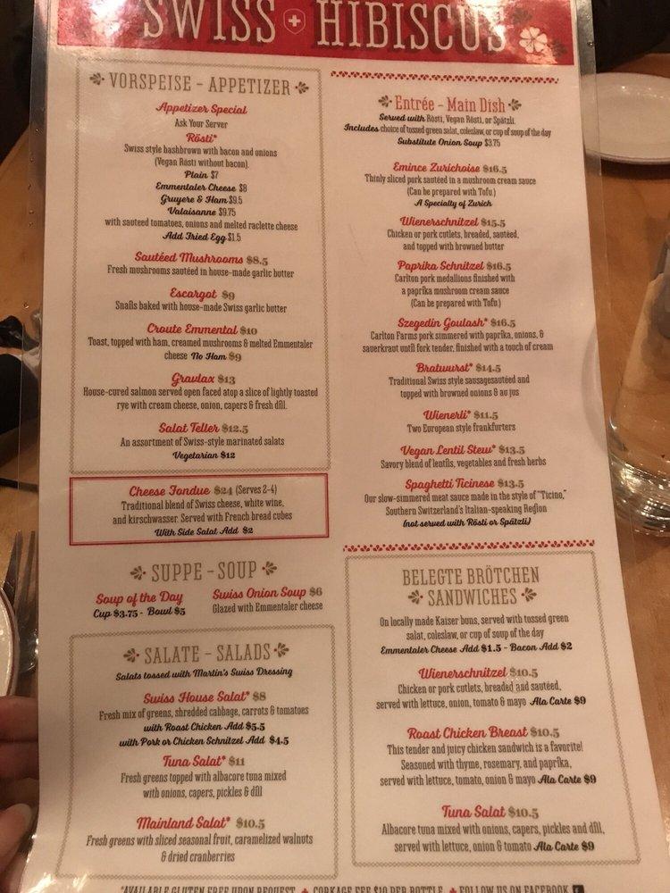 Menu at Swiss Hibiscus restaurant, Portland