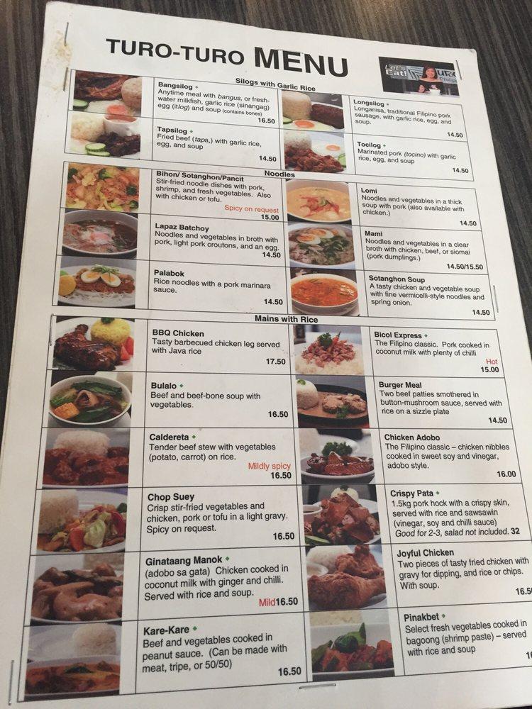 Menu at Turo-Turo Philippine Cafe, Auckland, 26 Mayfair Pl