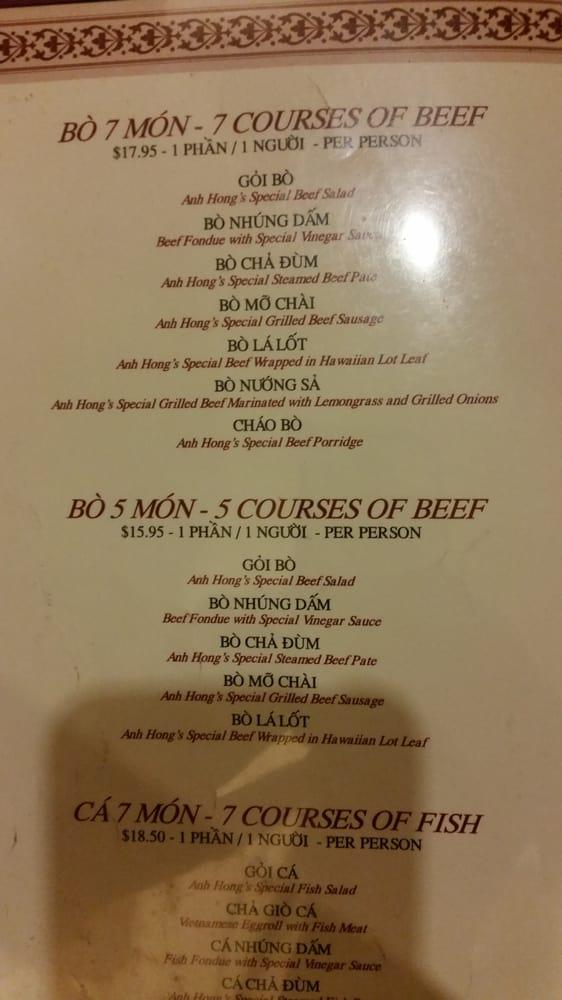 Menu at Anh Hong Restaurant, San Jose