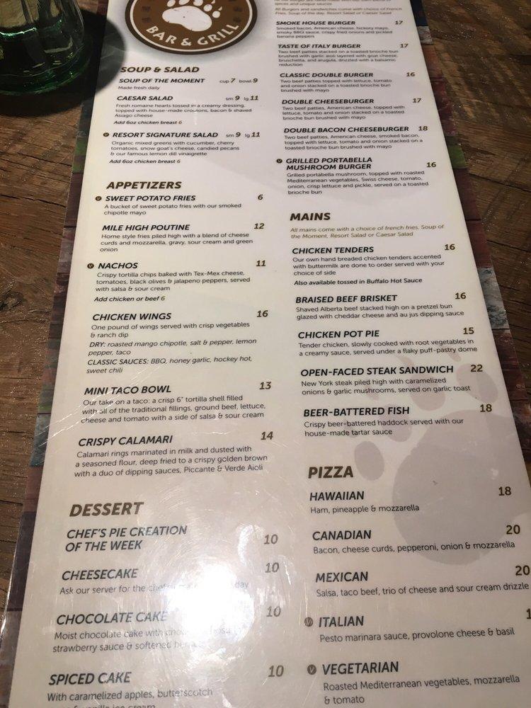 Menu at Bear’s Paw Bar & Grill, Fairmont Hot Springs