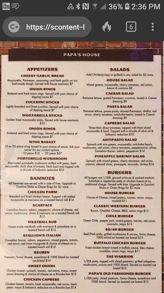 Menu at Papa’s House pizzeria, Tehachapi