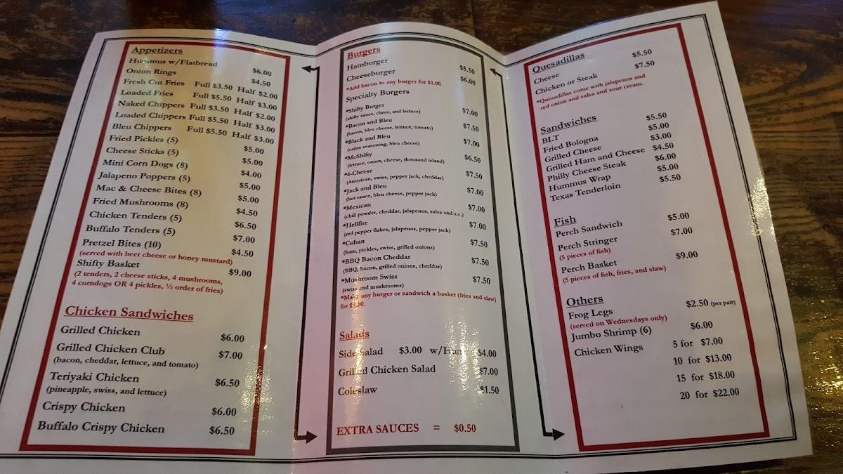 Menu at Shifty's pub & bar, Circleville