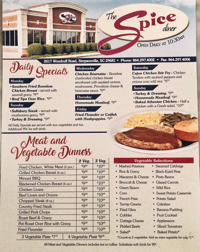 Menu at Spice Diner restaurant, Simpsonville
