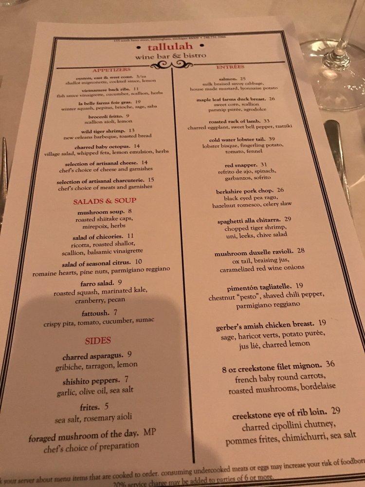 Menu at Tallulah Wine Bar & Bistro, Birmingham