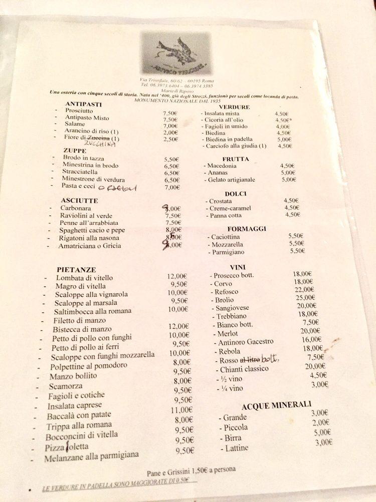 Menu da Trattoria Antico Falcone ristorante, Roma, Via Trionfale