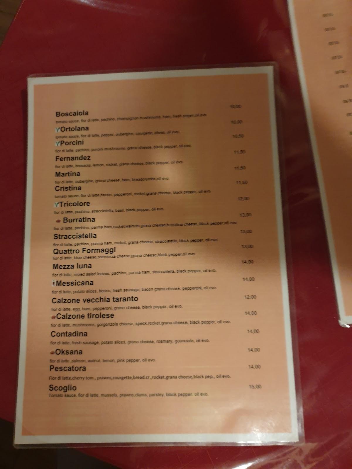 Menu au La Vecchia Taranto restaurant, La Valette