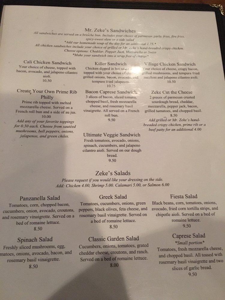 Menu at Mr. Zeke’s Restaurant, Pinetop-Lakeside