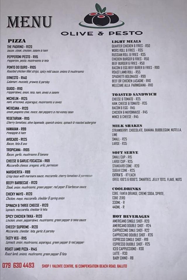 Menu at Olive & Pesto restaurant, Dolphin Coast