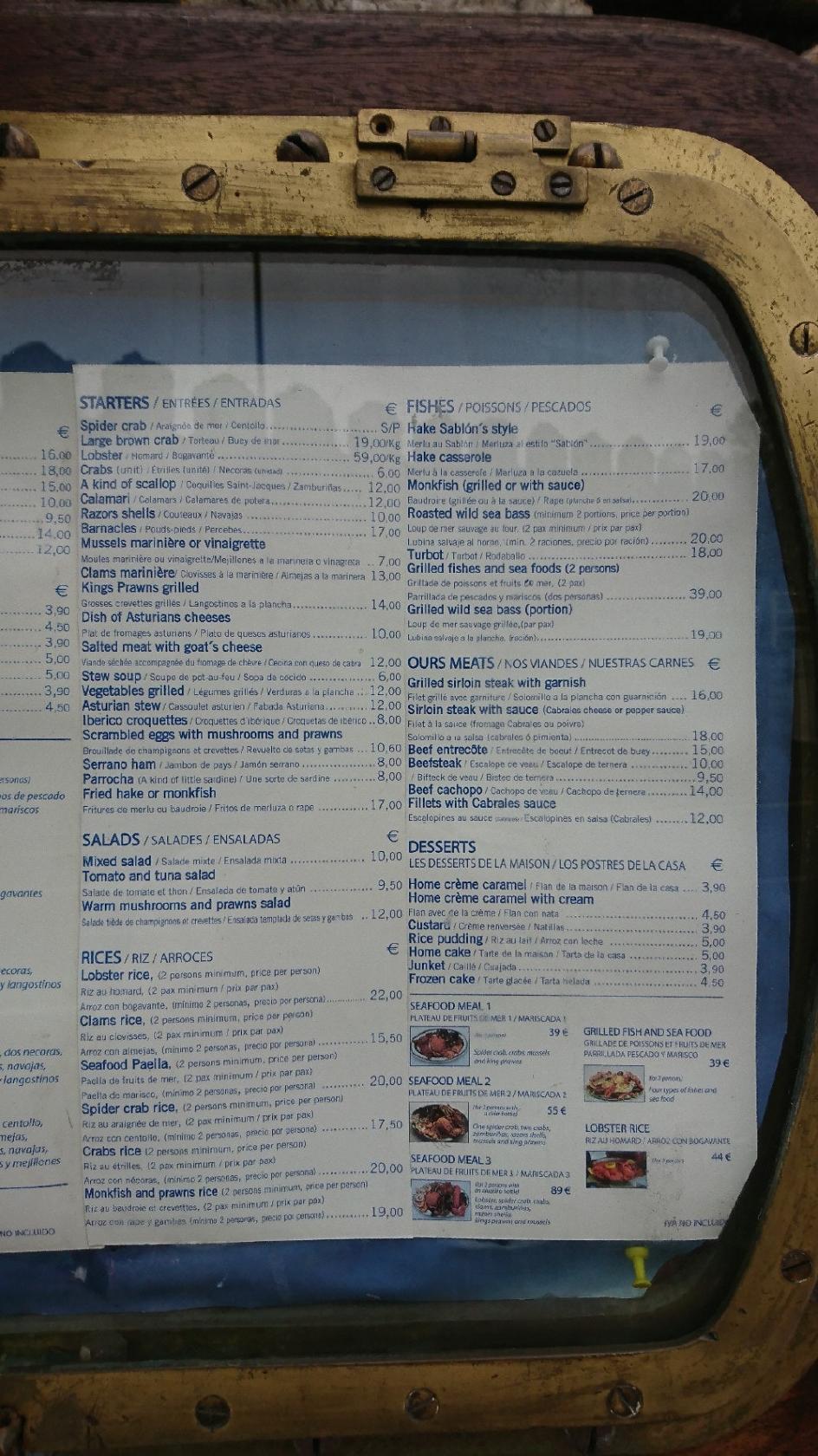 Carta de Restaurante Sablon's, Llanes, Playa Del Sablón