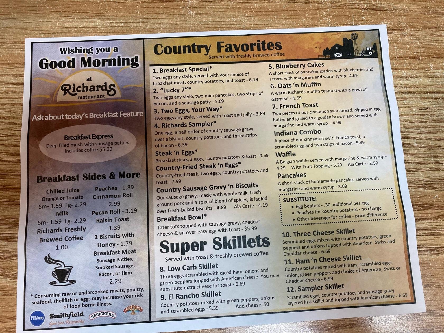 Menu at Richards Restaurant, Portland