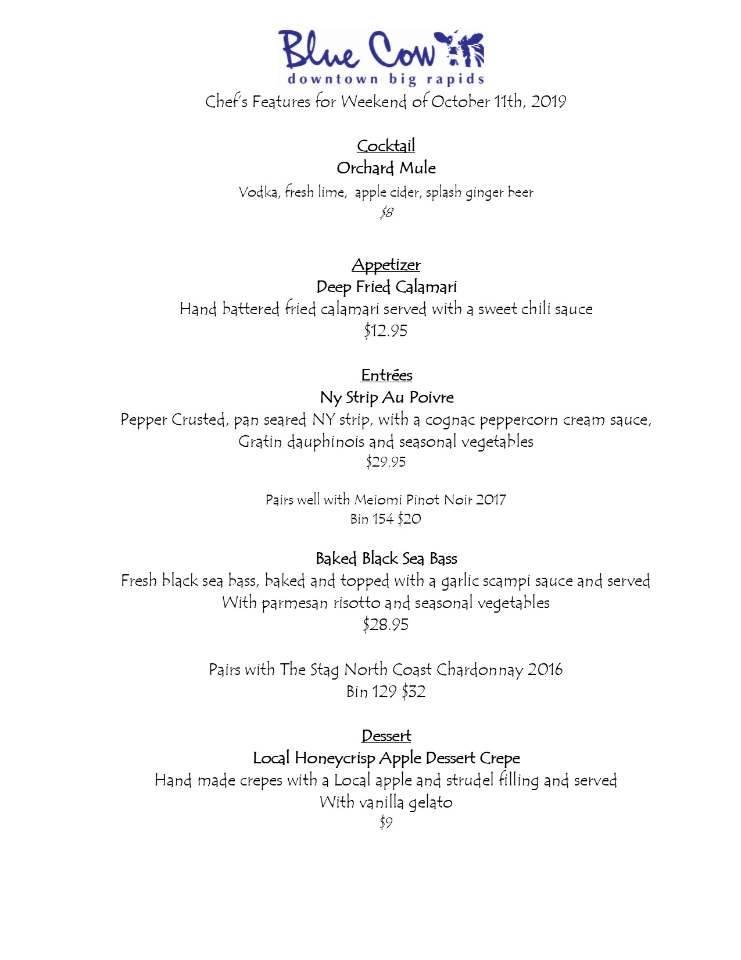 Menu at Blue Cow pub & bar, Big Rapids