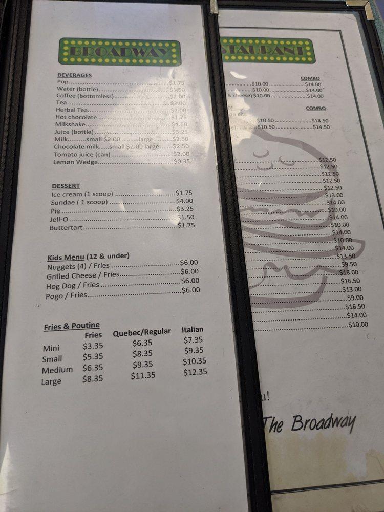 Menu at Broadway Restaurant, Timmins