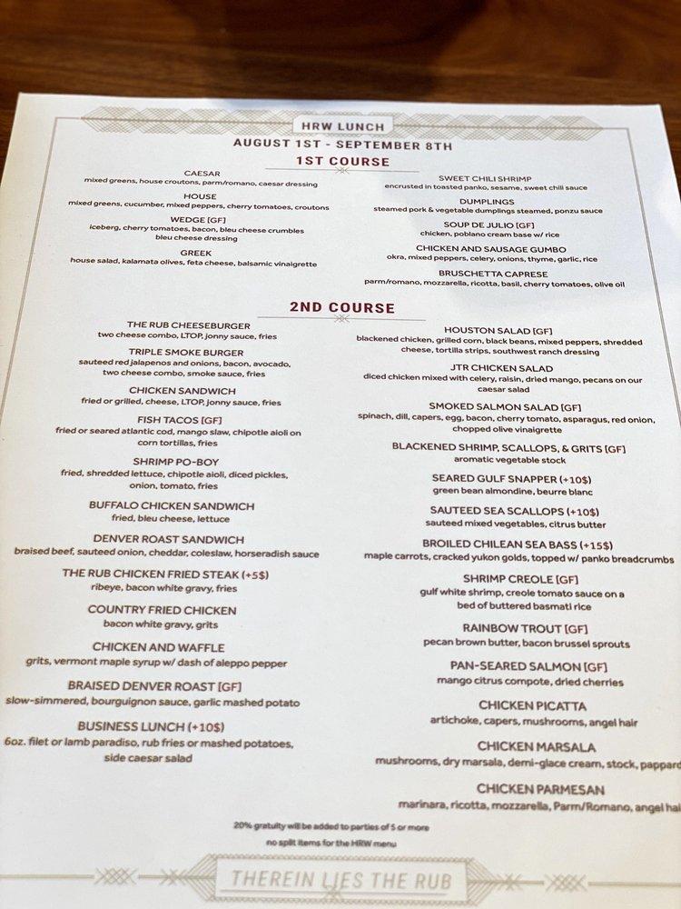 Menu at Jonathan's The Rub restaurant, Houston, Memorial Dr #140