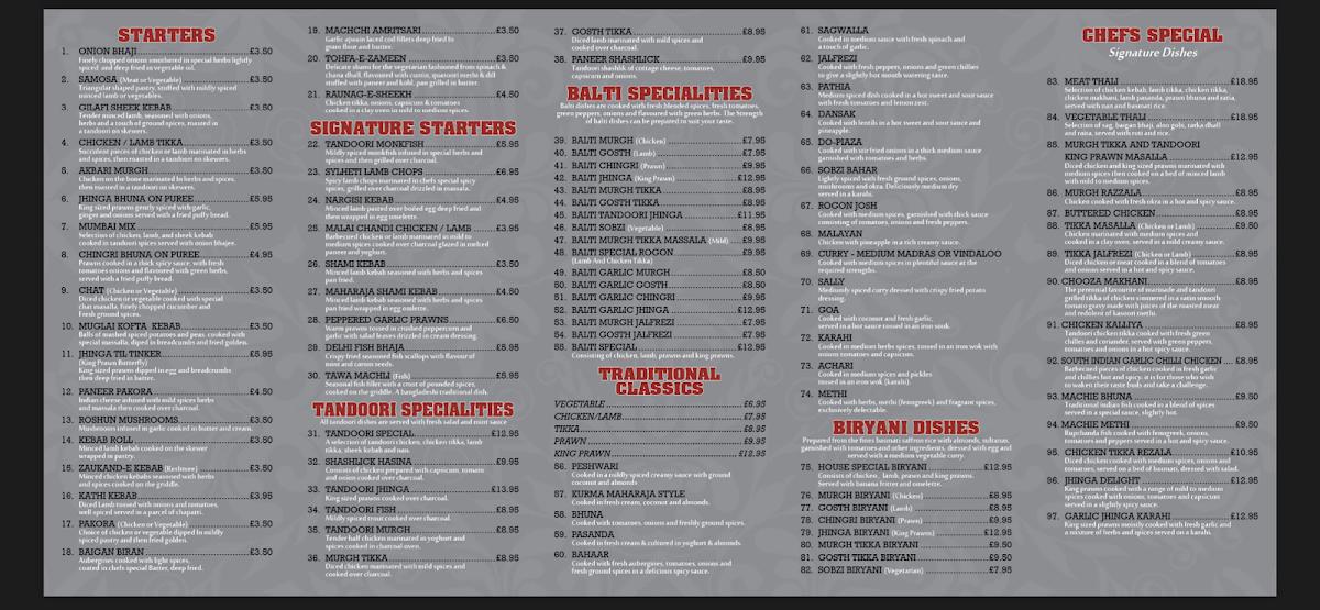 Menu at Mahis restaurant, Bromyard