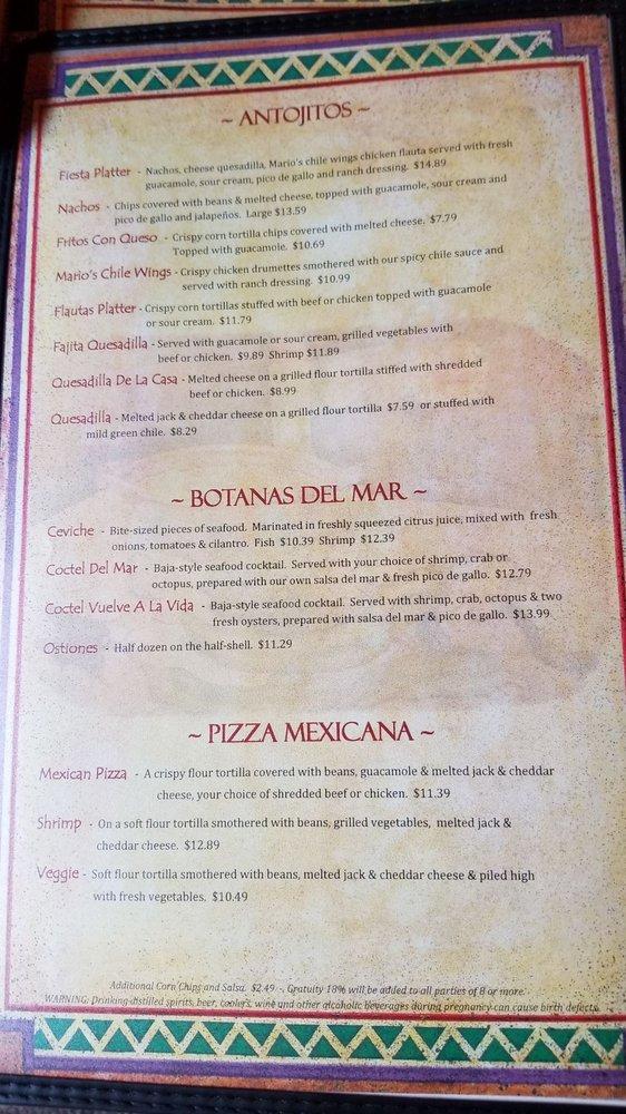 Menu at Mario's Mexican Restaurant, Huntington Beach, Springdale St