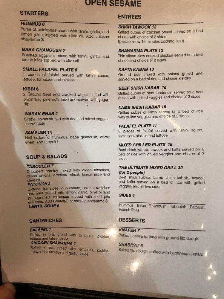 Menu at Open Sesame Lebanese Grill restaurant, Dallas