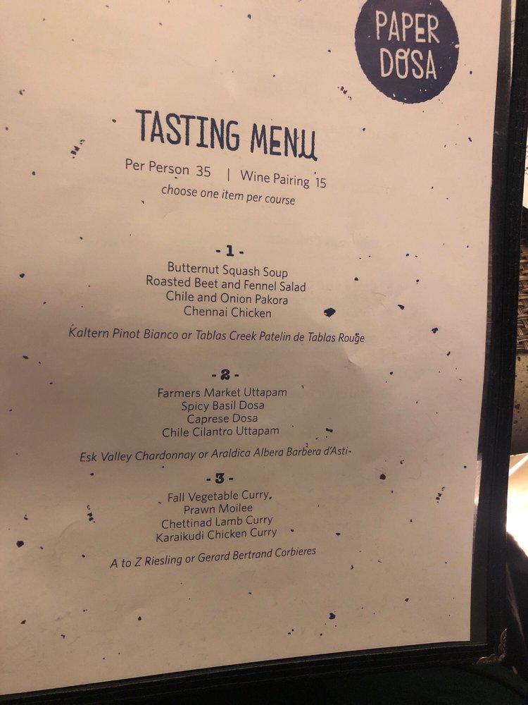 Menu at Paper Dosa restaurant, Santa Fe