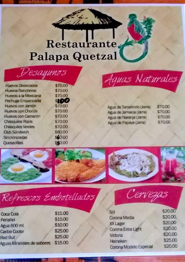 Menu at Restaurante palapa quetzal, Mexico