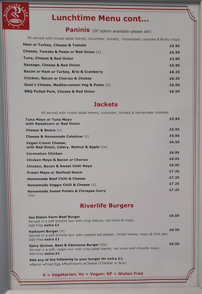 Carta de Riverlife Cafe, Bude