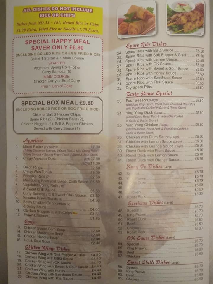 Menu at Tasty House restaurant, South Elmsall