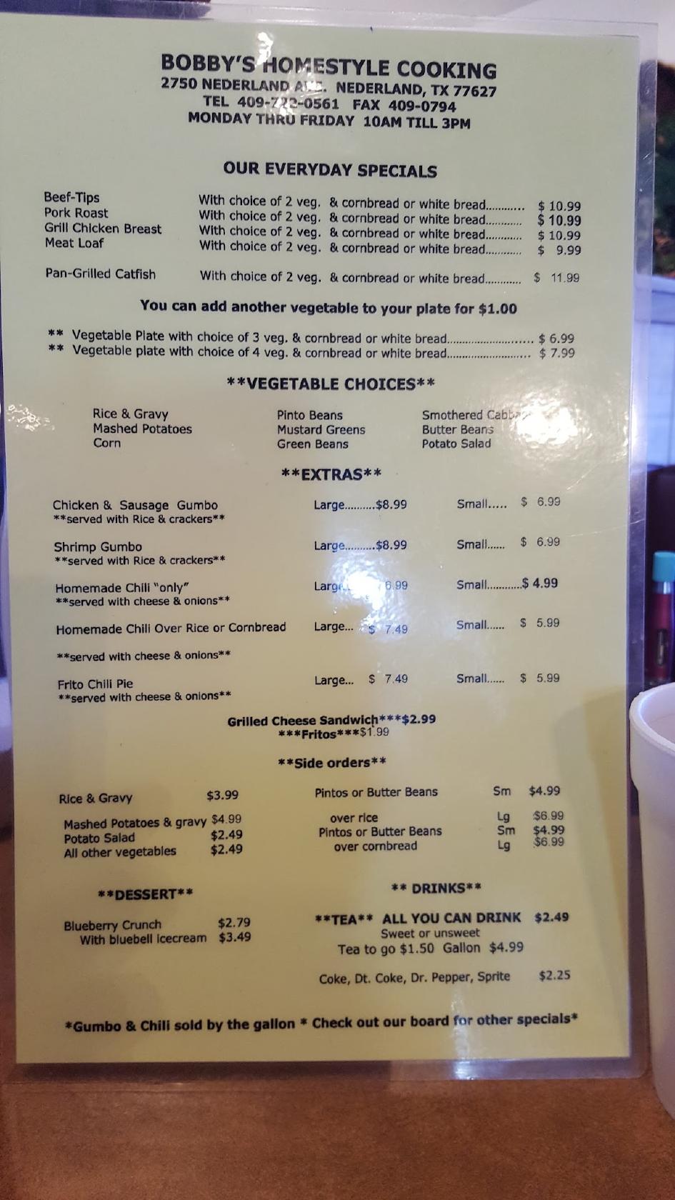 Menu at Bobby's Homestyle Cooking restaurant, Nederland