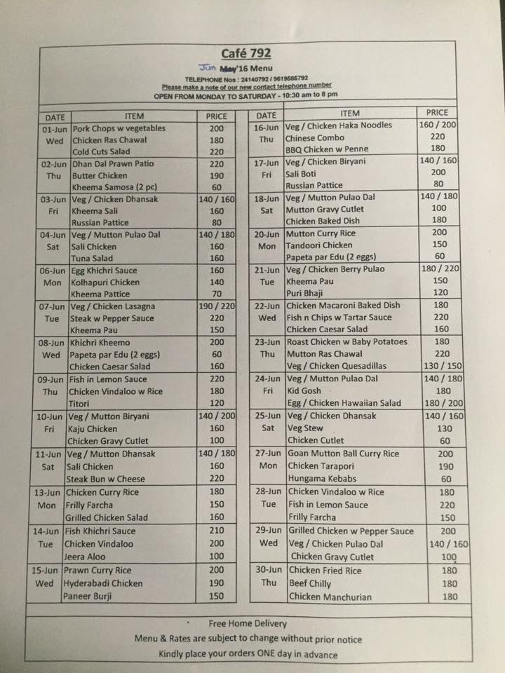 Menu at Café 792, Mumbai