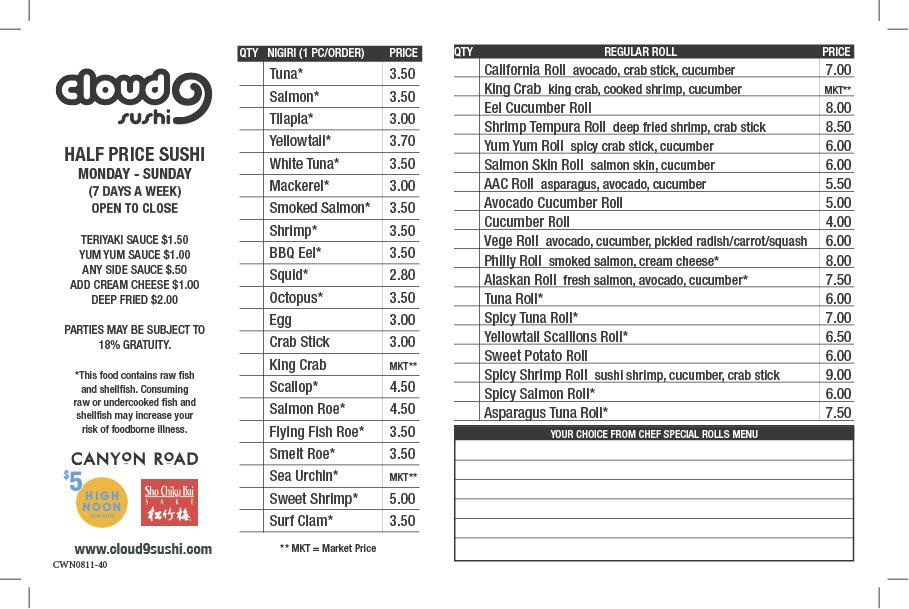 Menu at Cloud 9 Sushi restaurant, Cincinnati