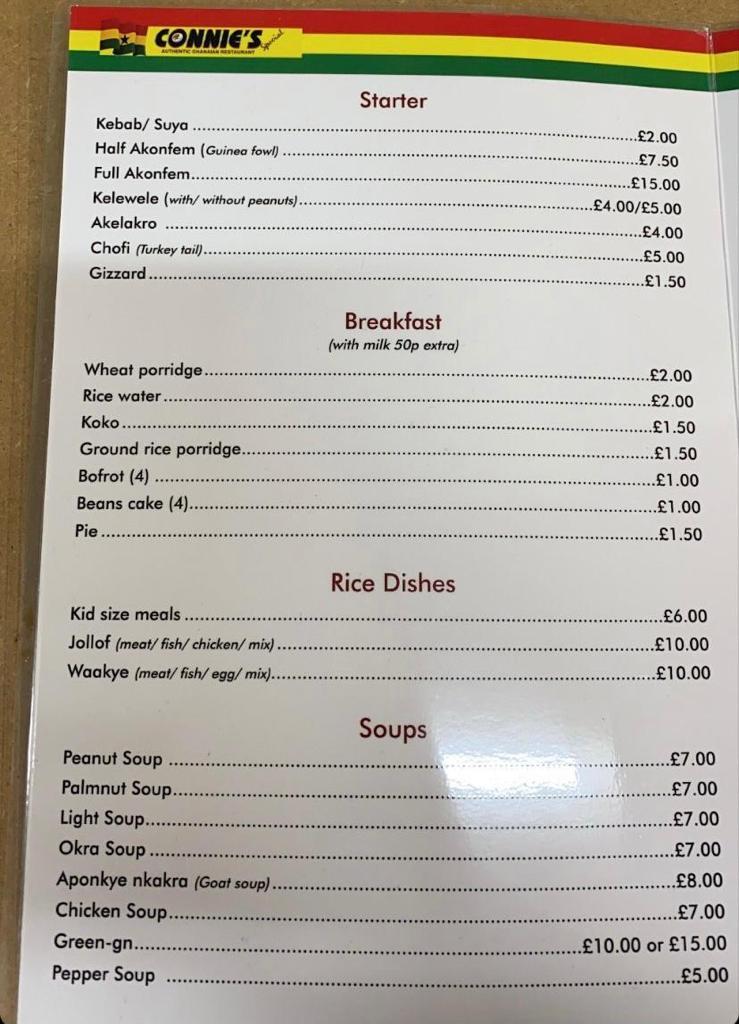 Menu at Connie's Authentic Ghanaian Restaurant, London