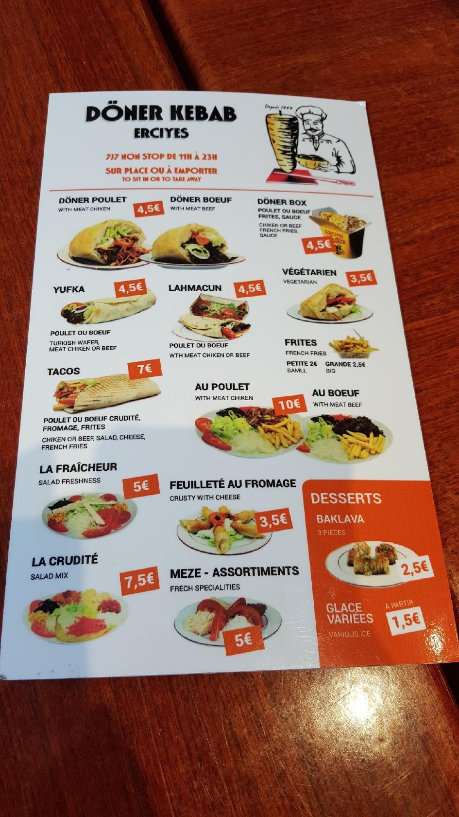 Menu at Doner Kebab Erciyes fast food, Obernai