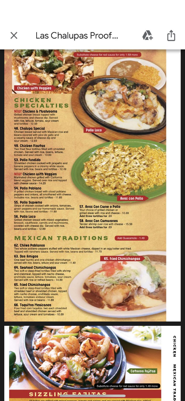 Menu at Las chalupas Mexican Restaurant, North Vernon, N State St