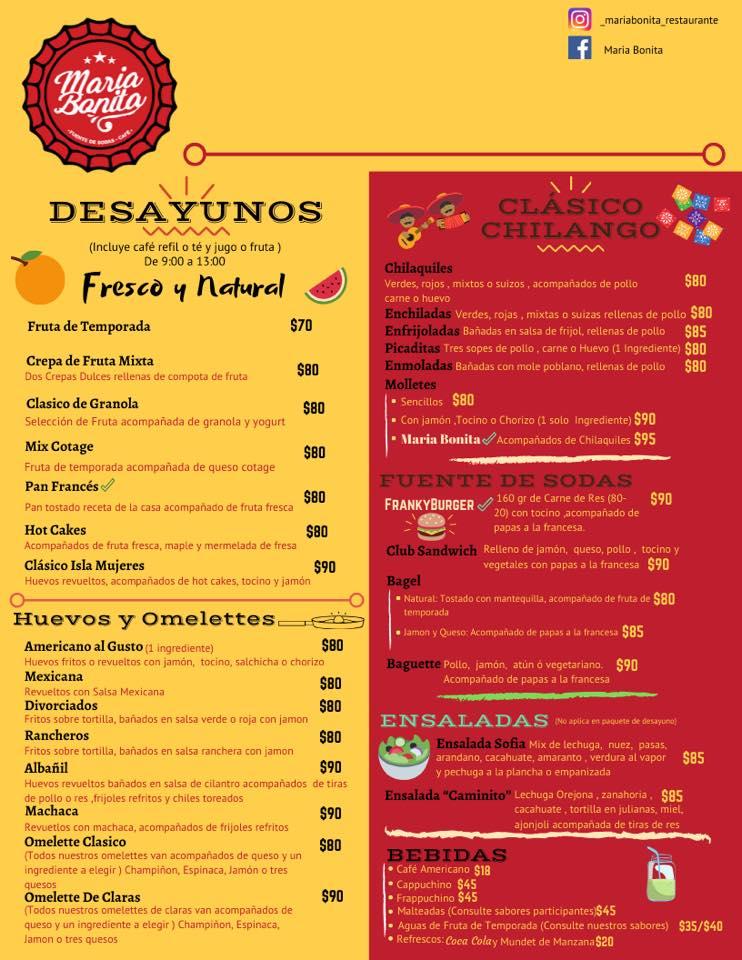 Menu at María Bonita restaurant, Mexico City, Av 414 242