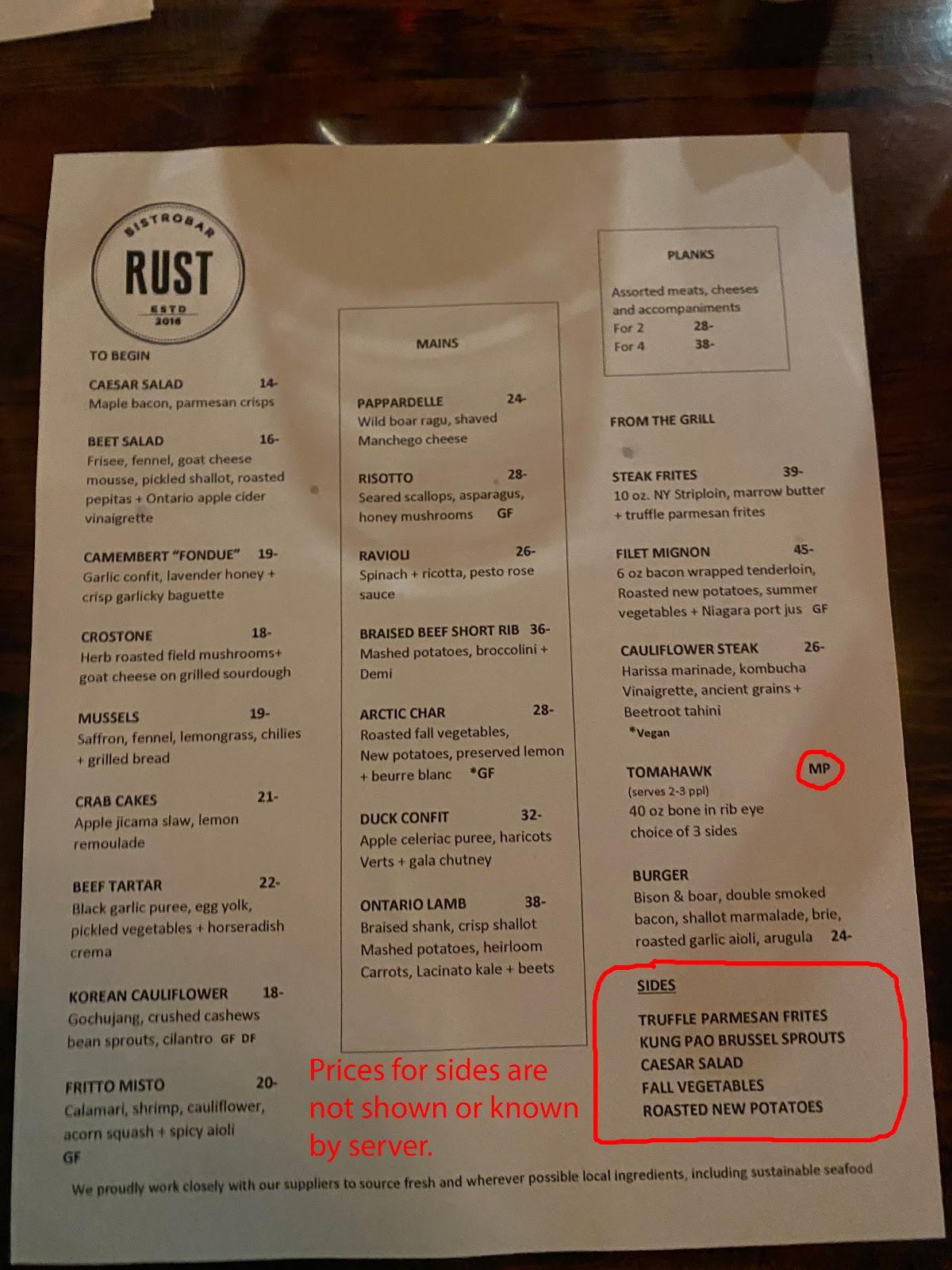 Menu at Rust BistroBar, Burlington