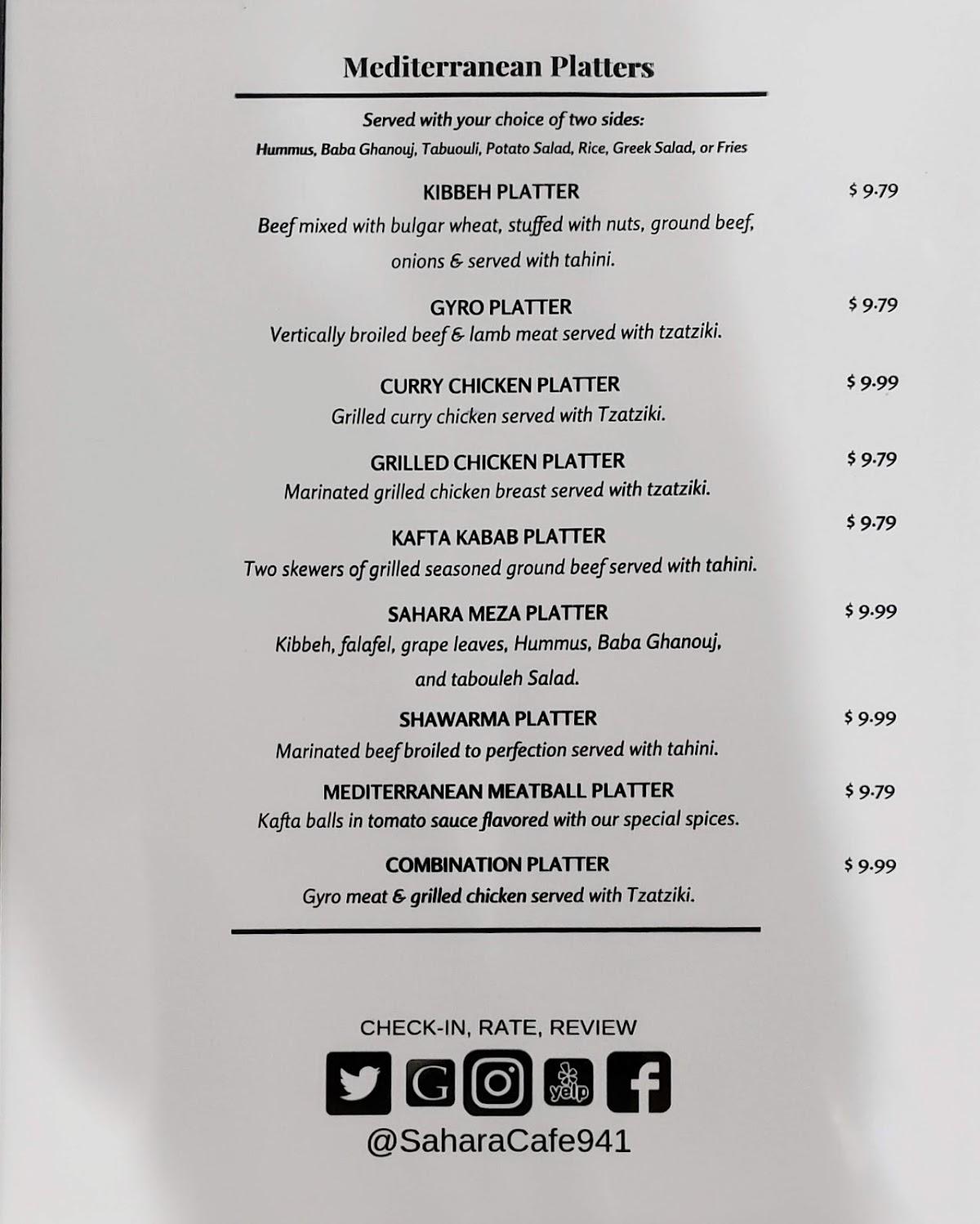 Menu at Sahara Cafe & Mediterranean Foods, Sarasota