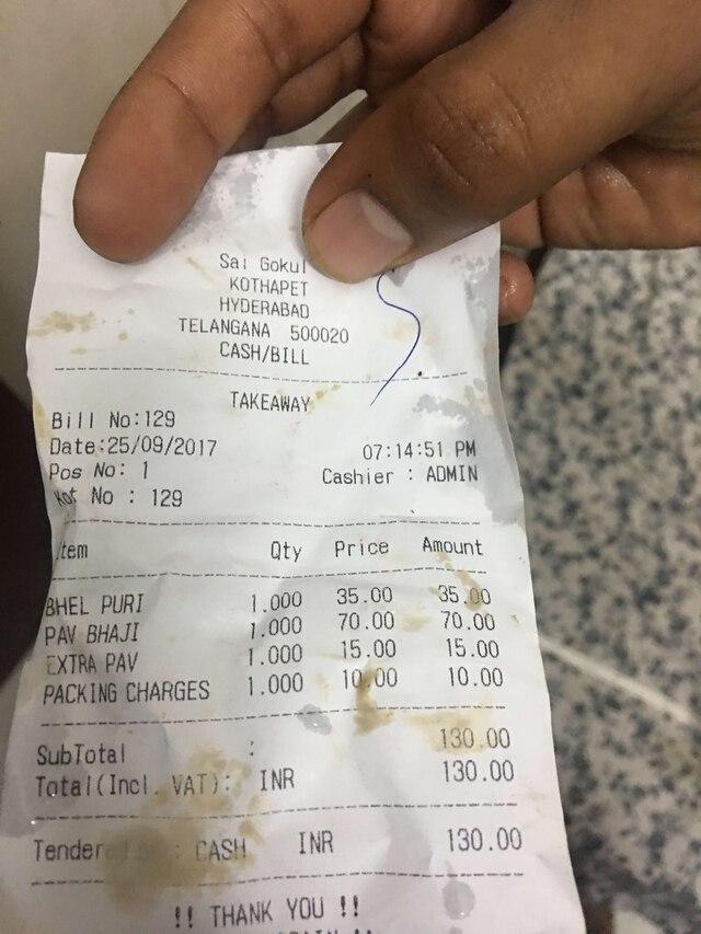 Menu at Sai Gokul, Hyderabad