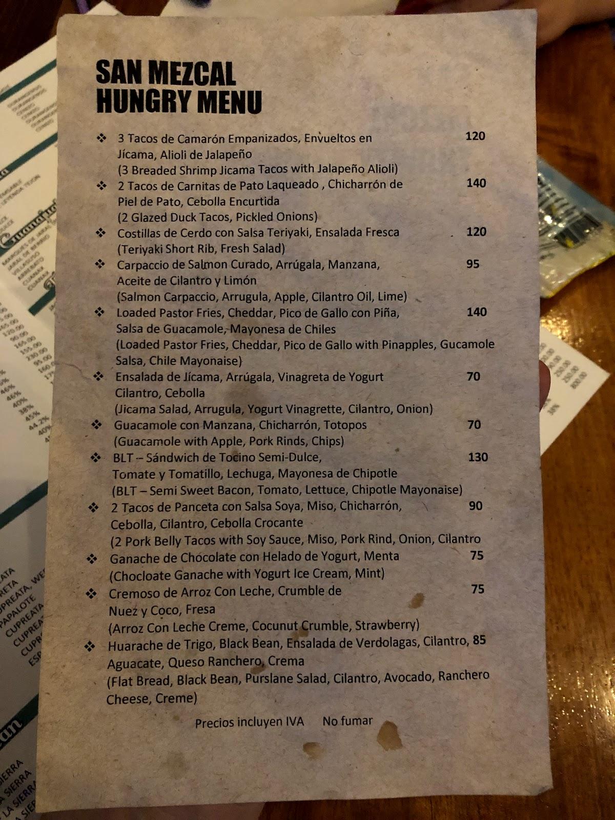 Menu at San Mezcal pub & bar, San Miguel de Allende