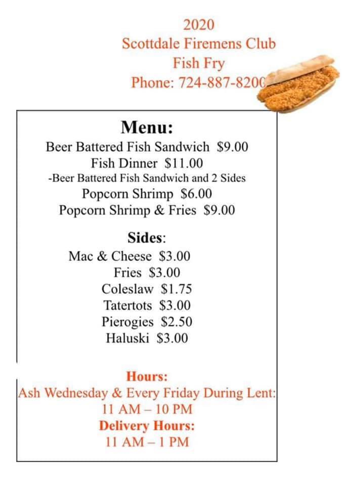 Menu at Scottdale Firemen's Club, Scottdale