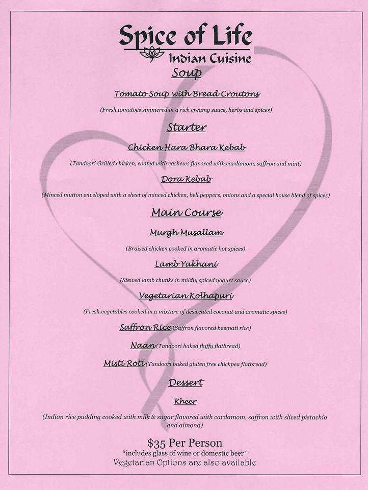 Menu at Spice of Life restaurant, Prince George